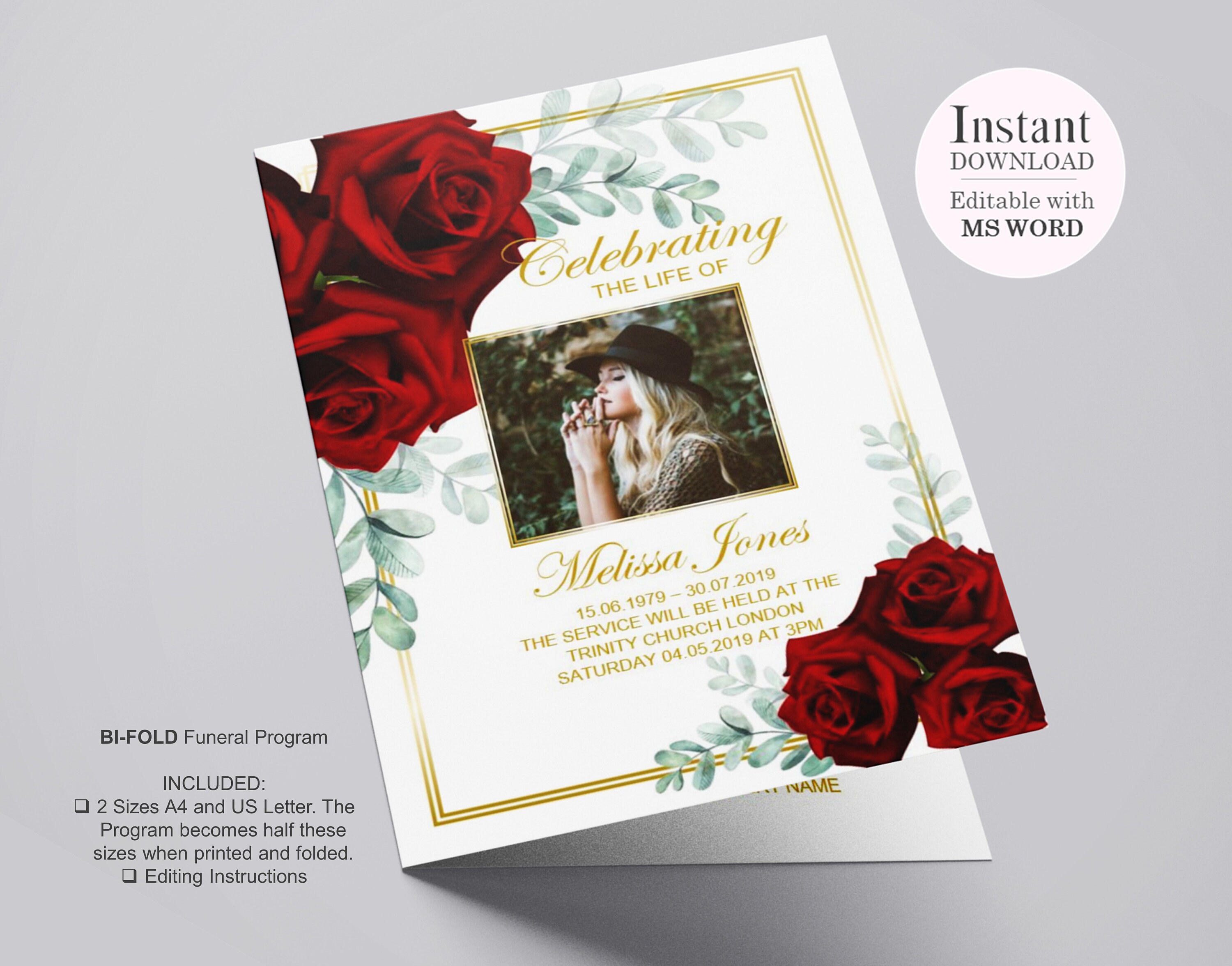 4 Page Red Gold Funeral Program Template Celebration of Life - Etsy UK