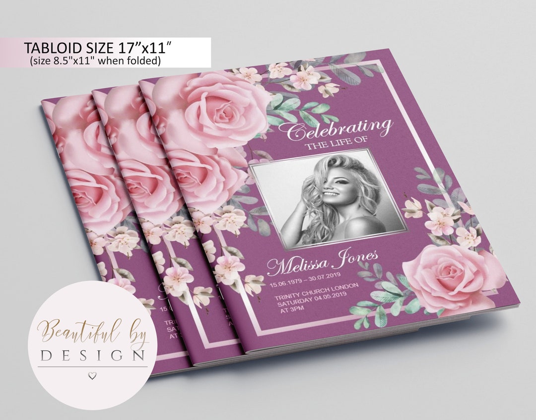 8 Page Pink Flowers Background Funeral Program Template, Celebration of ...