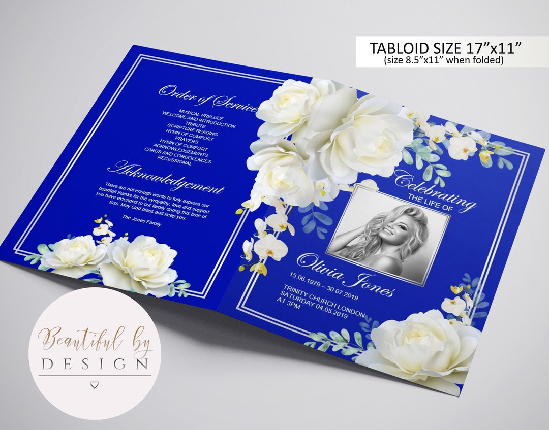 BI-FOLD White Flowers Royal Blue Background Funeral Program Template ...