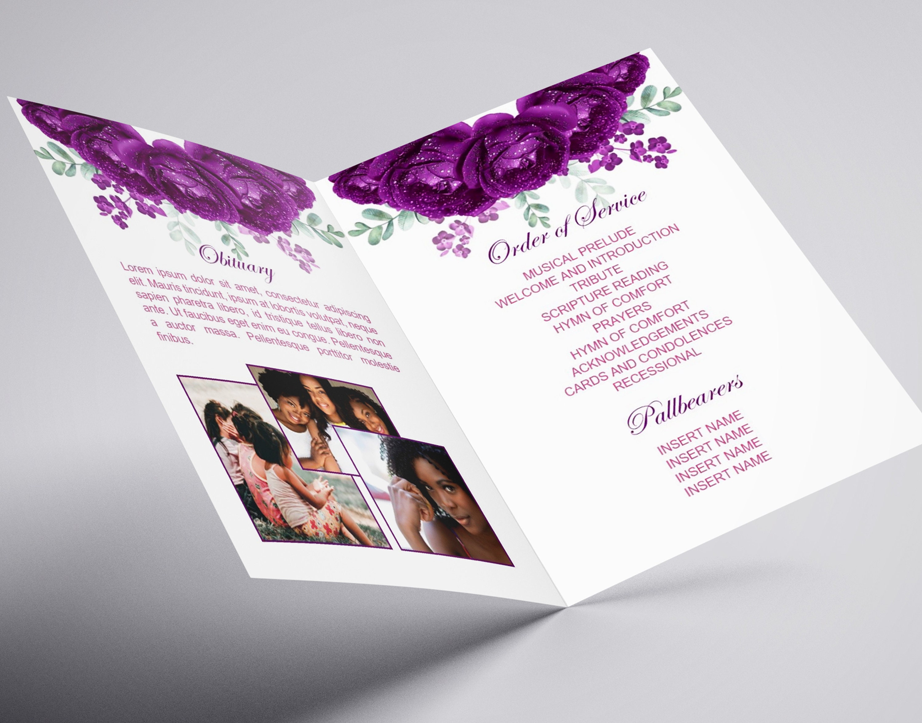 4 Page Purple Roses Funeral Program Template Celebration of - Etsy