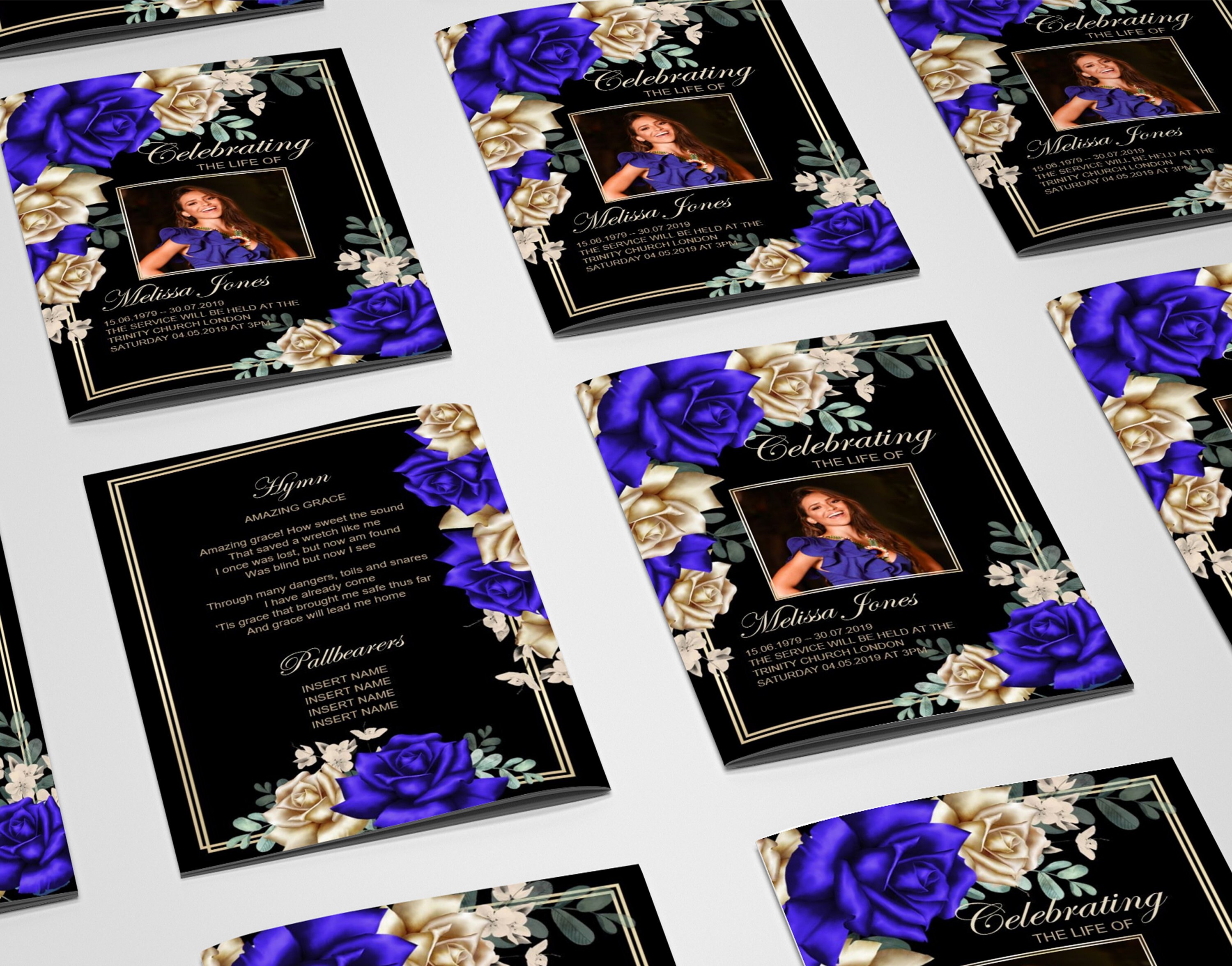 8 Page Royal Blue and Gold Flowers Background Funeral Program - Etsy