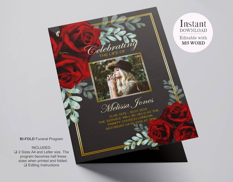 4 Page Red Gold Funeral Program Template Celebration of Life - Etsy UK
