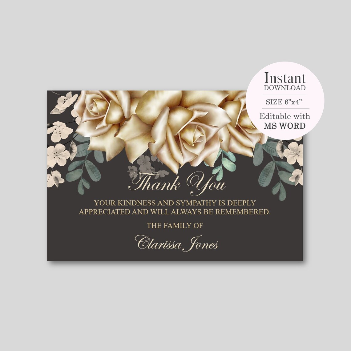 Thank You Card With Gold Flowers in Loving Memory Sympathy - Etsy