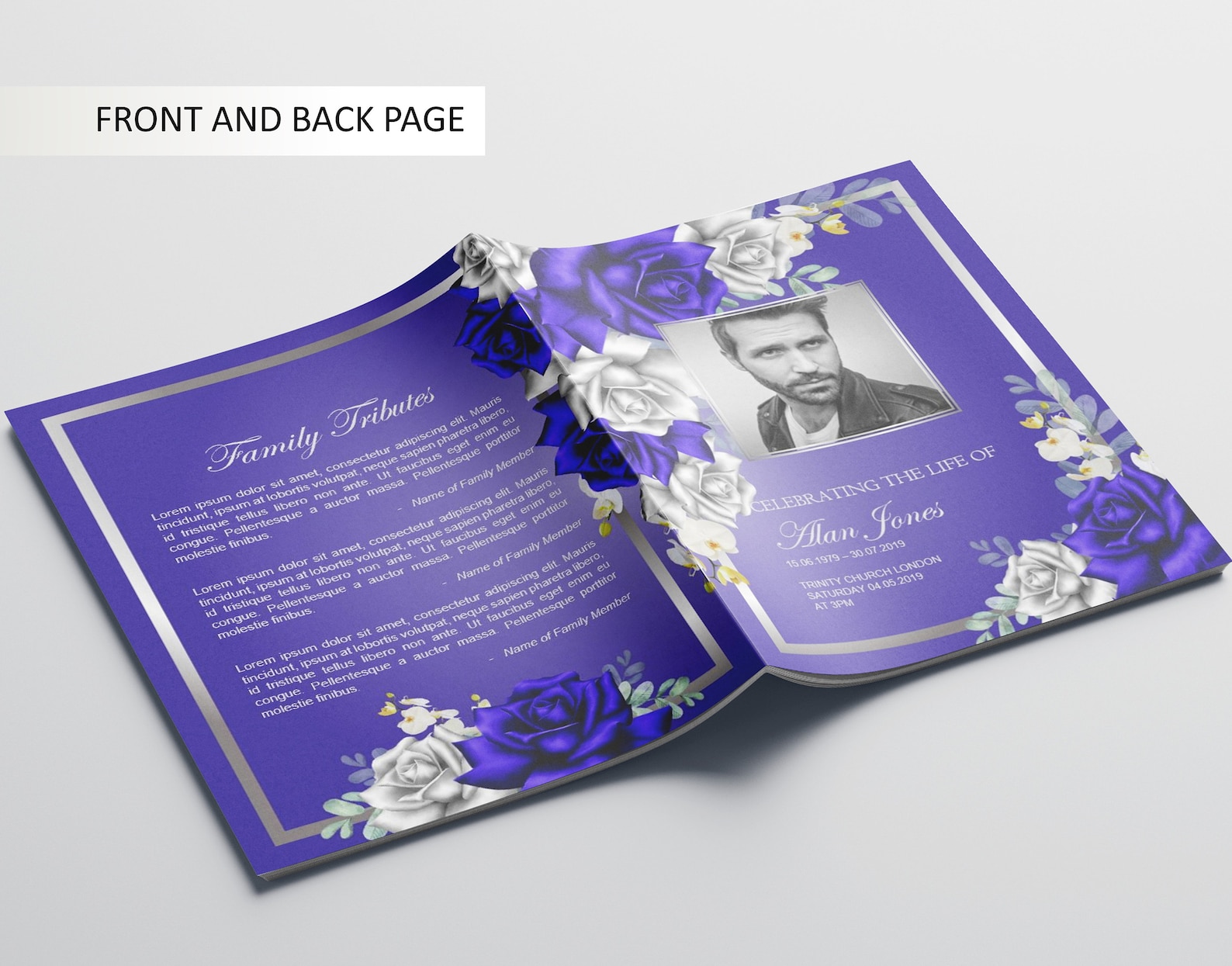 8 Page Blue and Silver Flowers Background Funeral Program Template ...