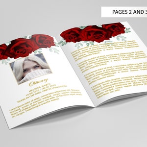8 Page Red Roses Funeral Program Template, Celebration of Life ...