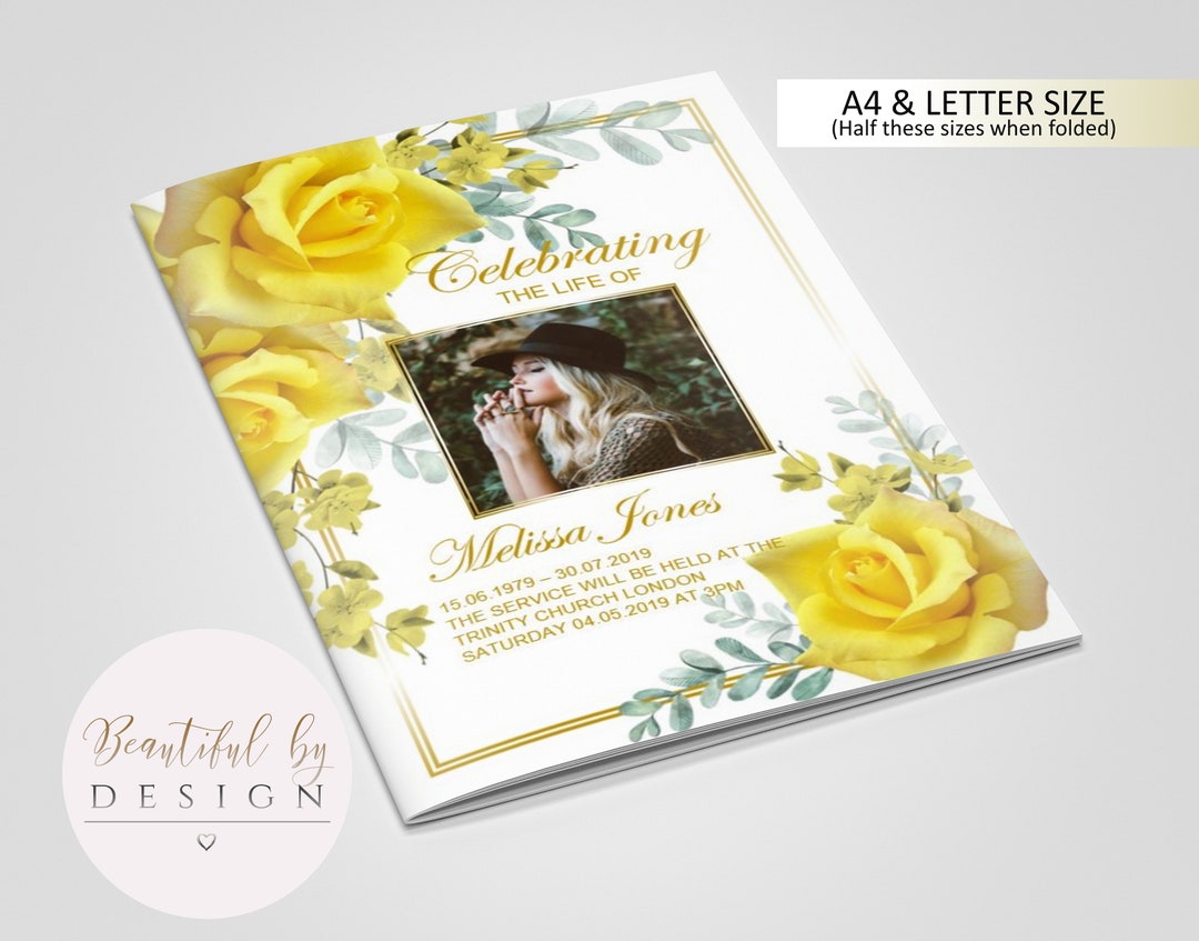 8 Page Yellow Flower Funeral Program Template, Celebration of Life ...