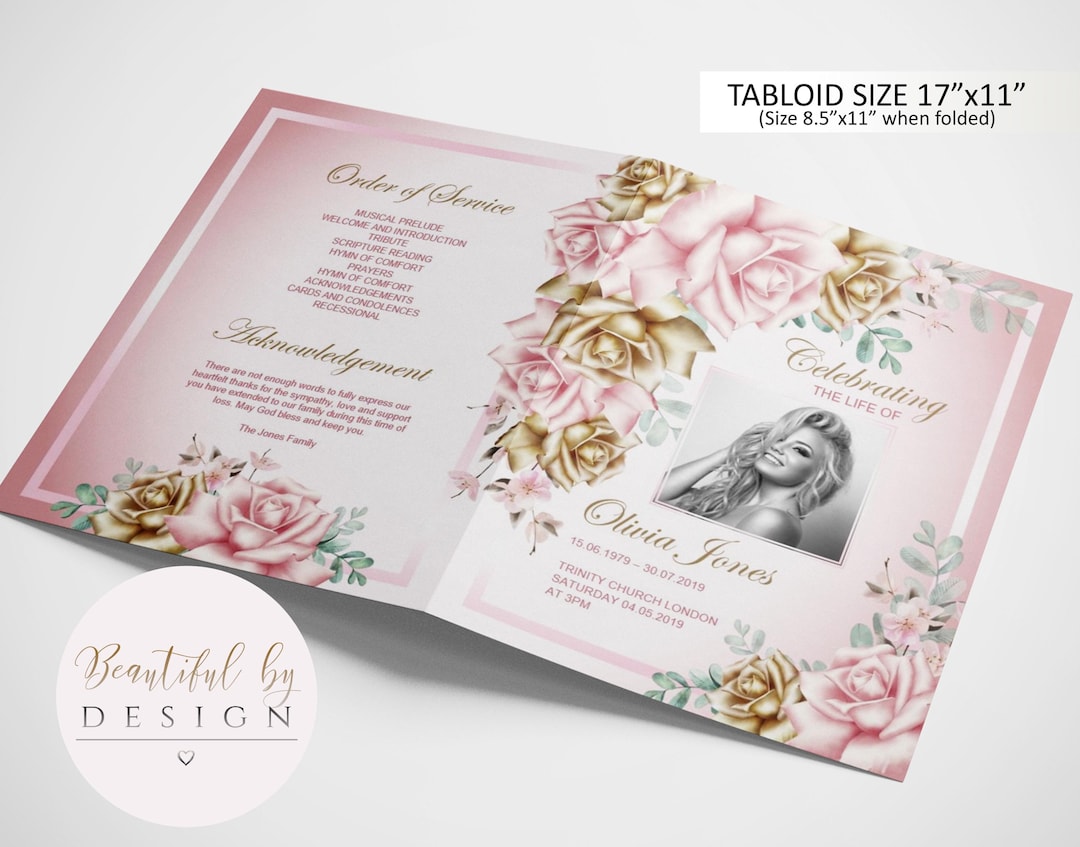 4 Page Gold and Rose Gold Funeral Program Template, Celebration of Life ...