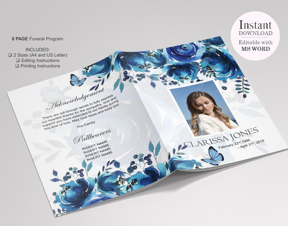 8 Page Blue Flowers Funeral Program Template Celebration of | Etsy