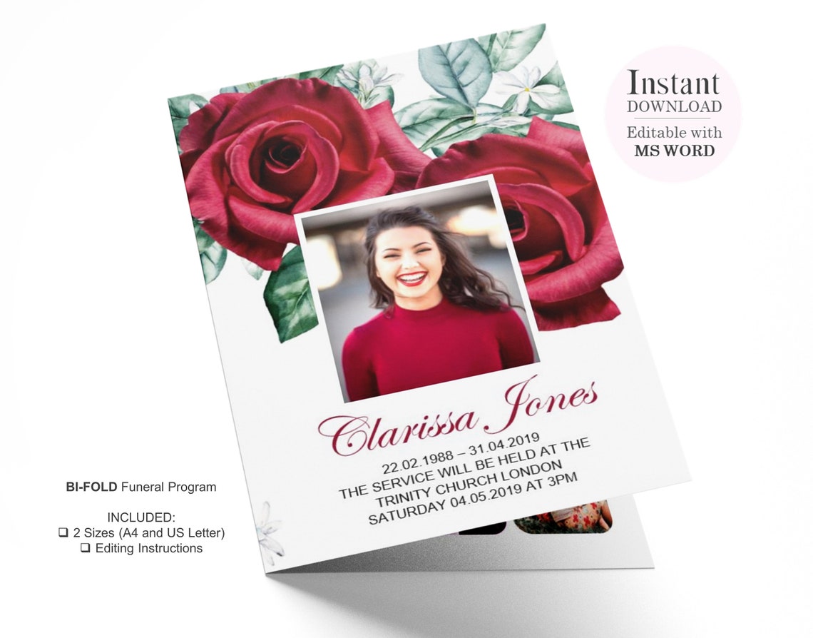 4 Page Red Flowers Funeral Program Template Celebration of - Etsy UK