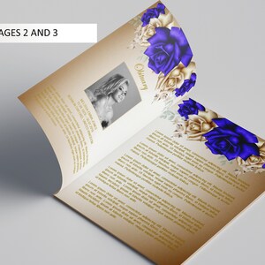 8 Page Gold and Royal Blue Roses Funeral Program Template in Tabloid ...