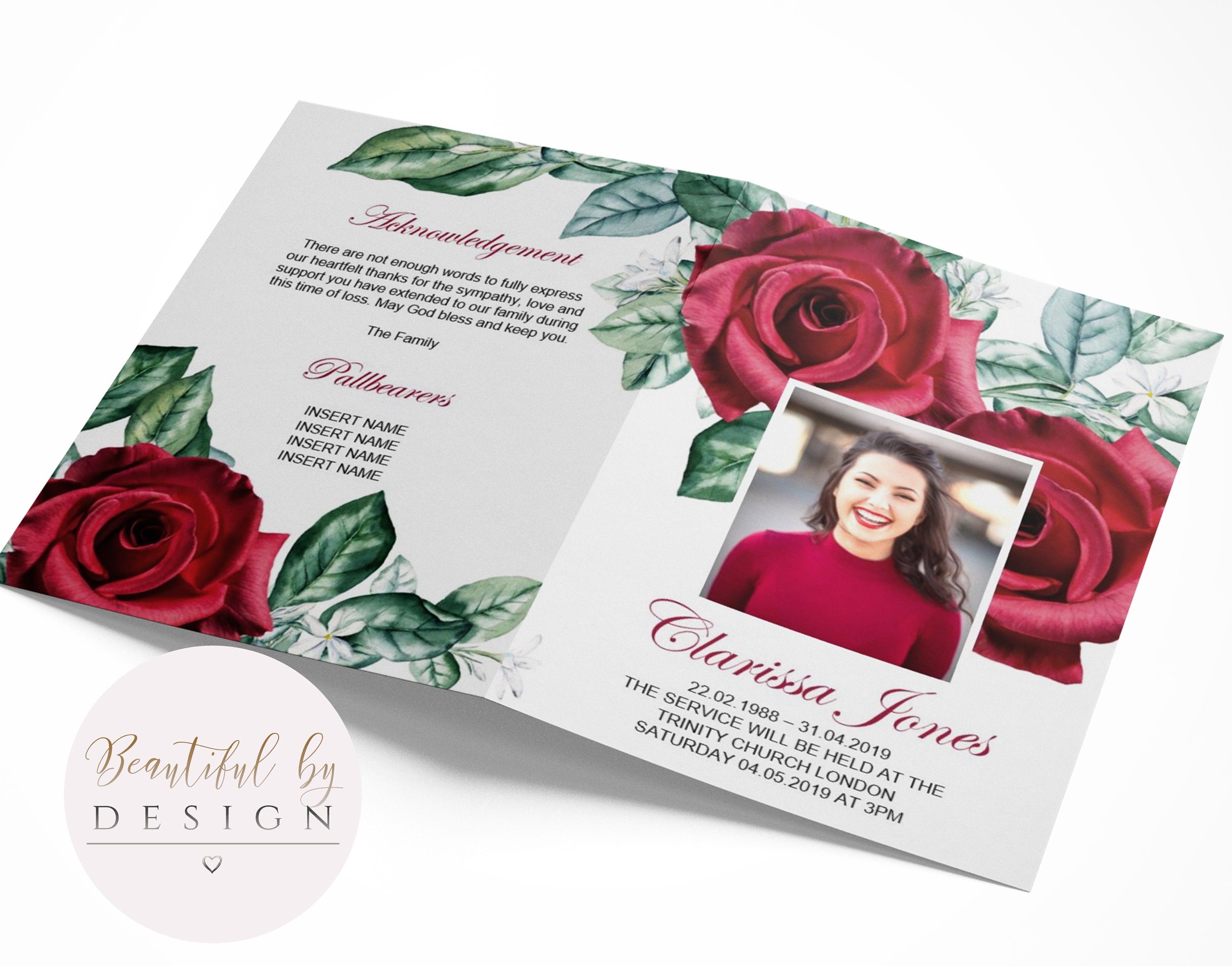 4 Page Red Flowers Funeral Program Template Celebration of | Etsy