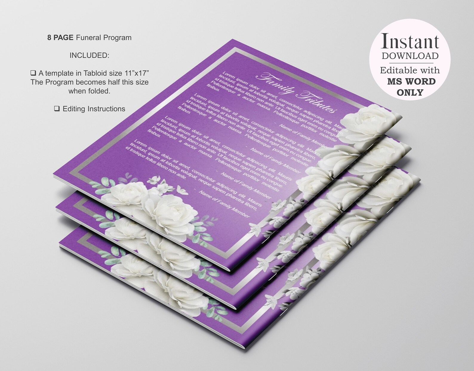 8 Page White Flowers Purple Background Funeral Program Template in ...