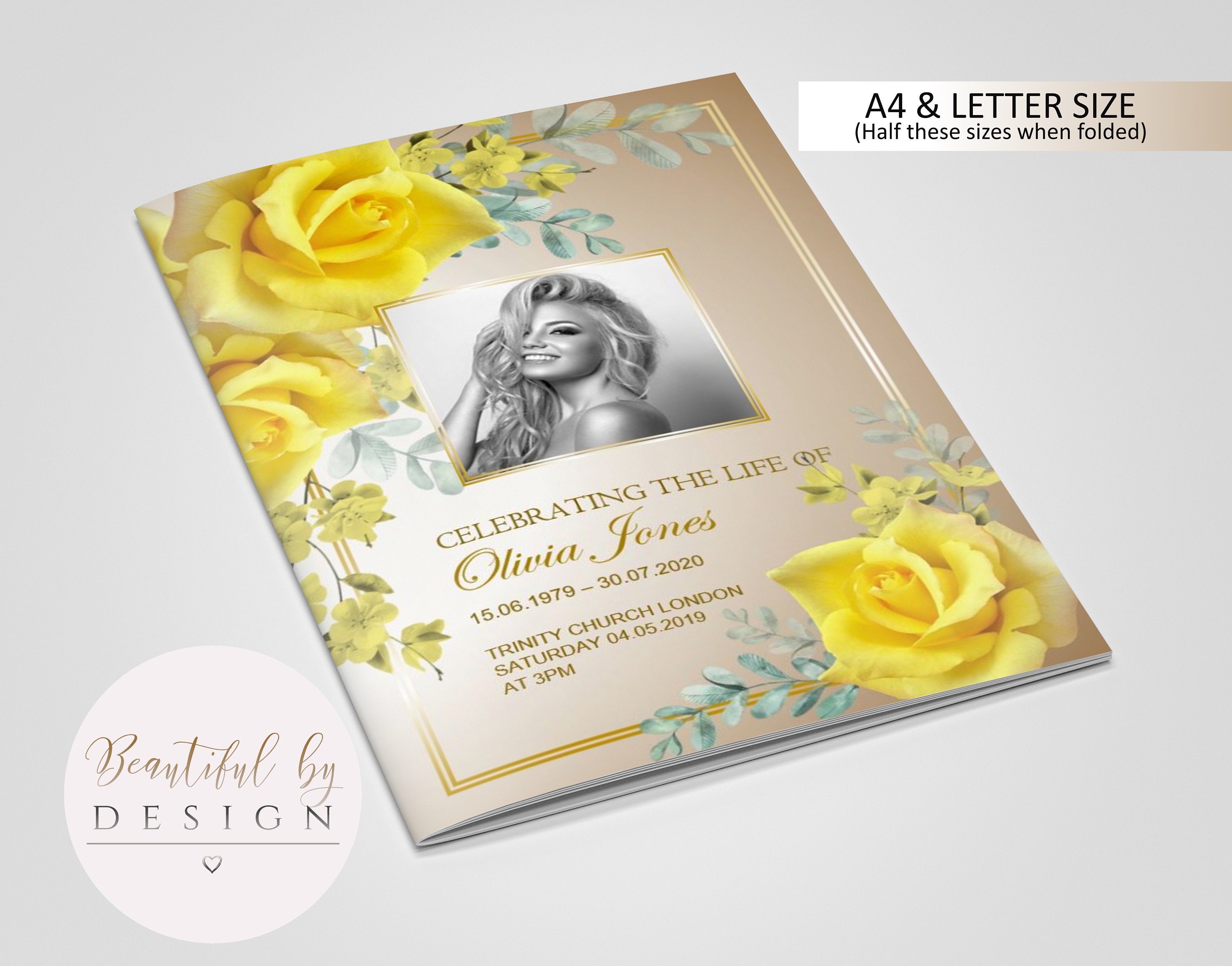 8 Page Yellow Flowers Funeral Program Template, Celebration of Life ...