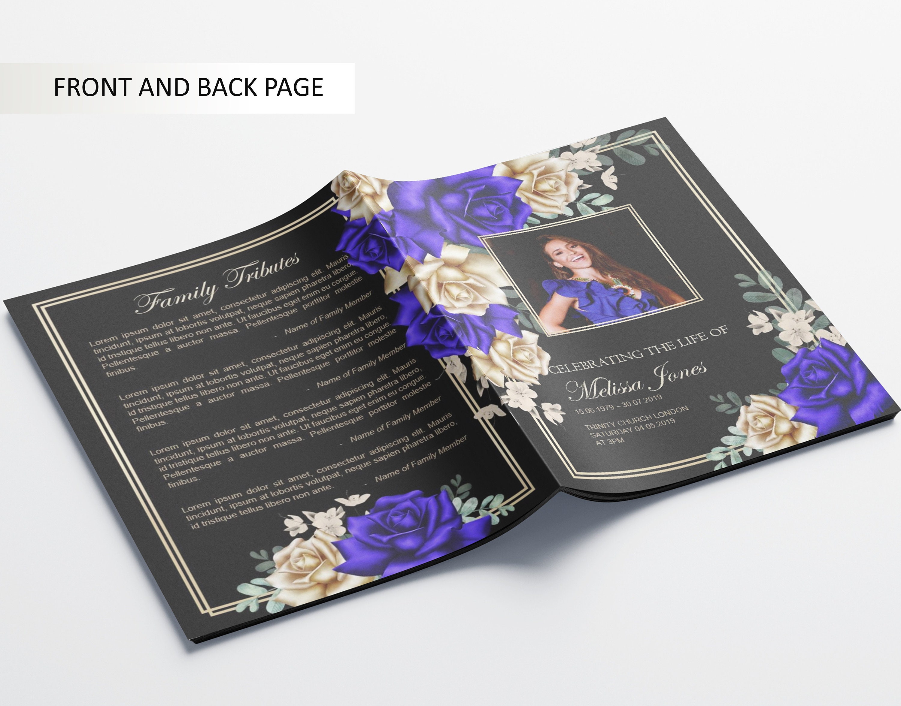 8 Page Royal Blue and Gold Flowers Background Funeral Program - Etsy ...