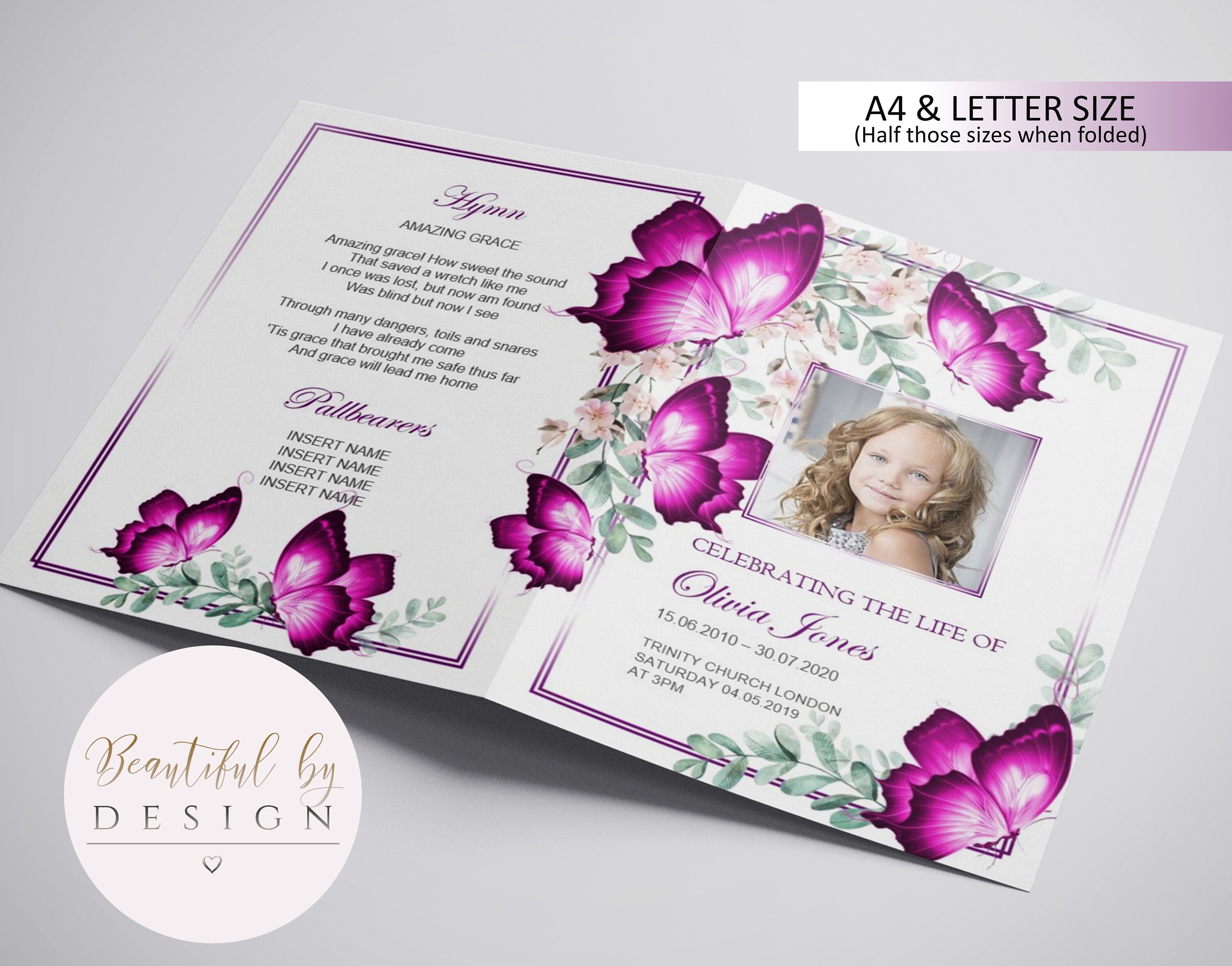 4 Page Butterflies Funeral Program Template for Children | Etsy