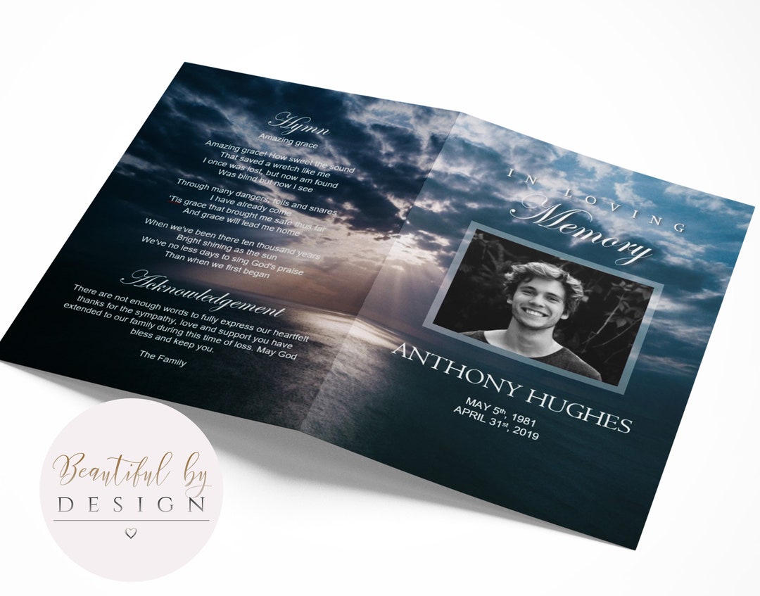 4 Page Sunset Over Sea Funeral Program Template for Men, Celebration of ...