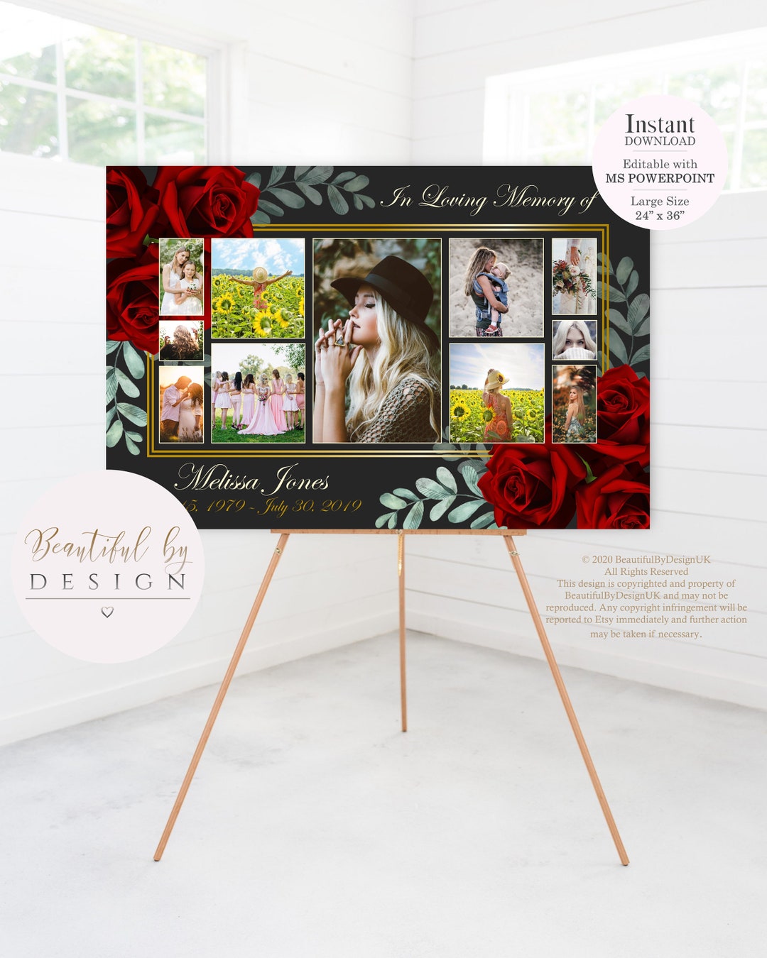 Red Gold Memorial Photo Collage Template, Large Memorial Sign, Funeral ...