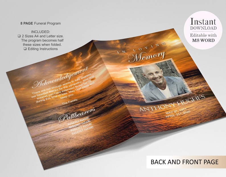 8 Page Sunset Funeral Program Template for Men Celebration of - Etsy