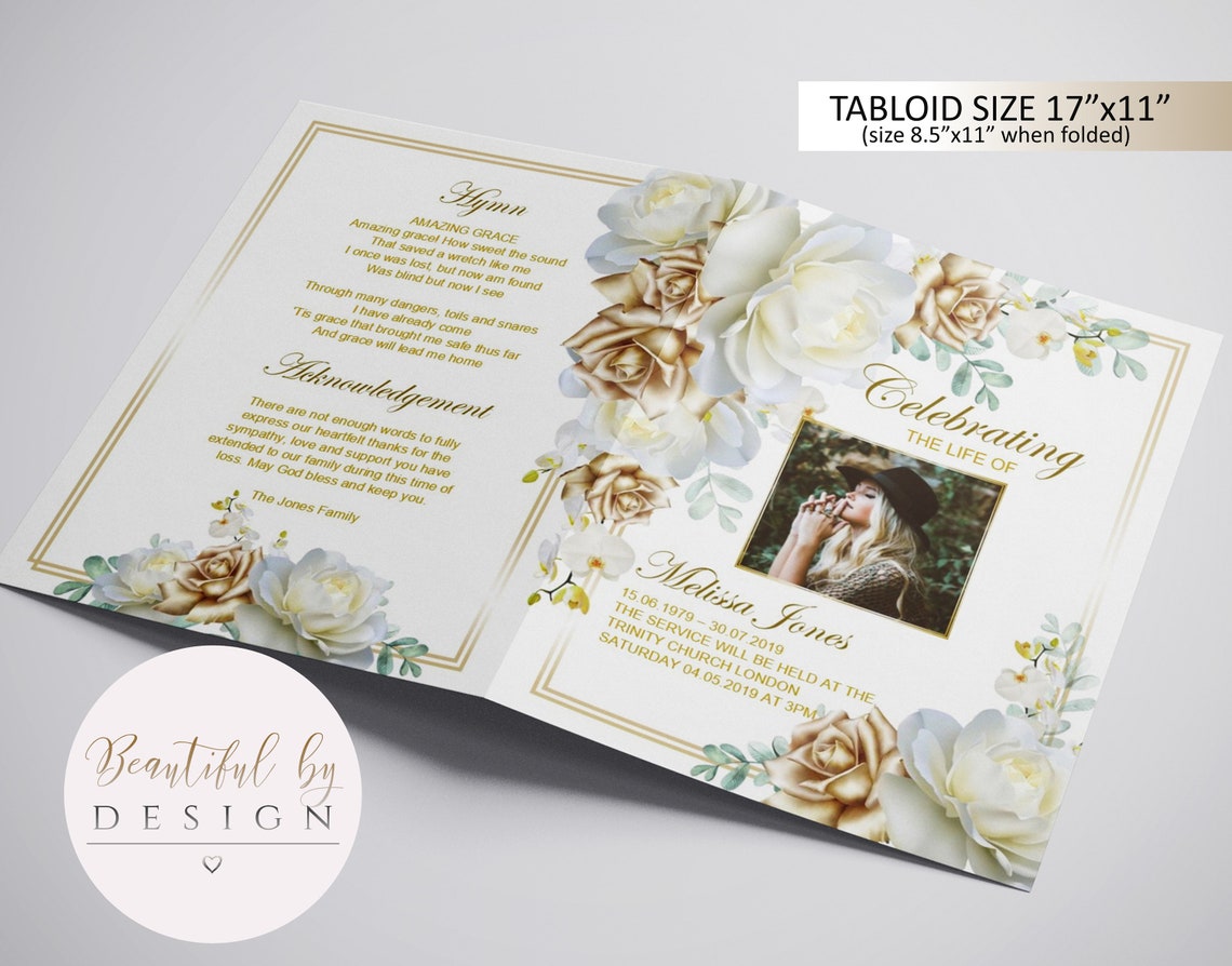 4 Page Gold and White Roses Funeral Program Template - Etsy