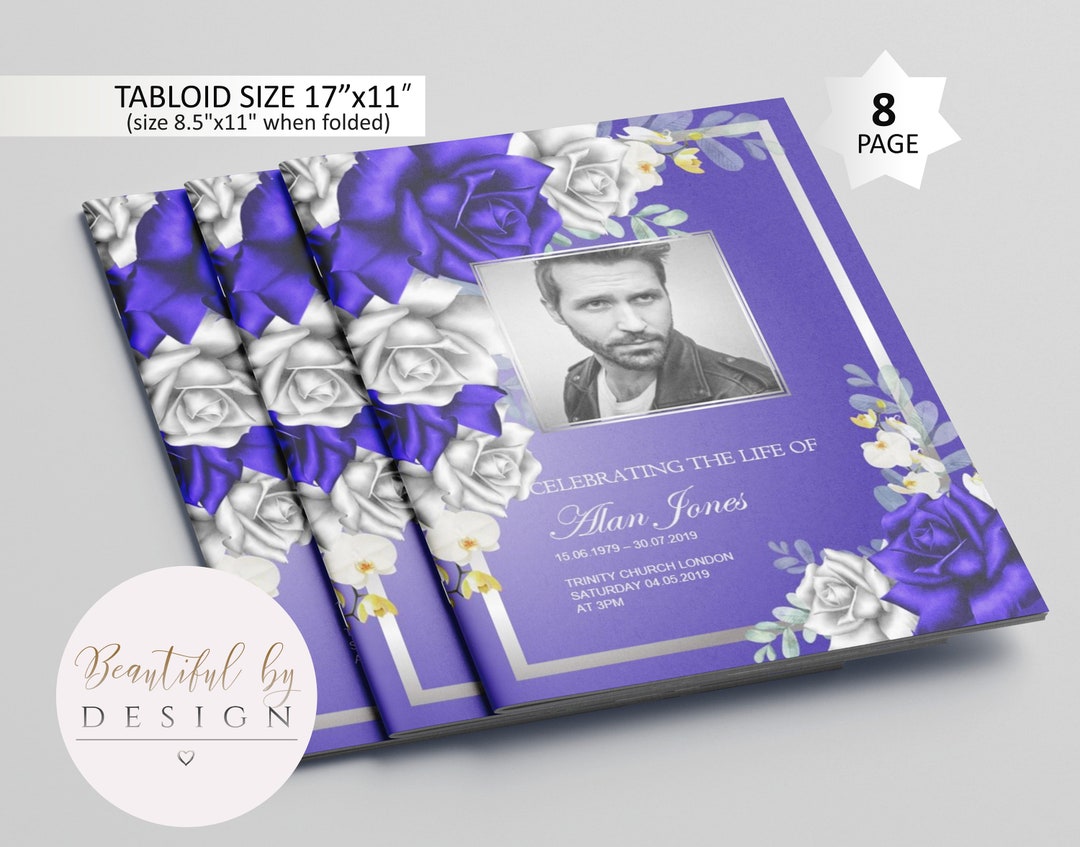 8 Page Blue and Silver Flowers Background Funeral Program Template ...