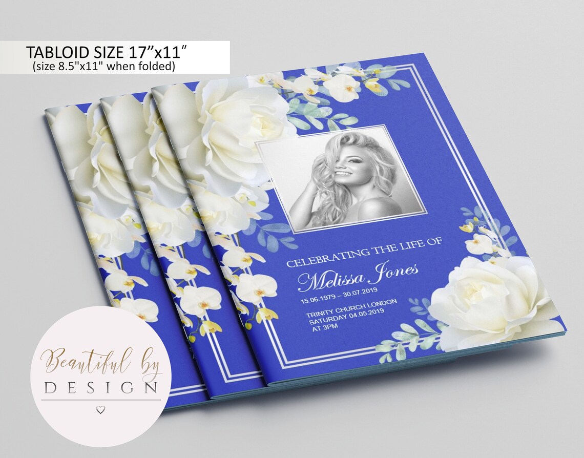 8 Page White Flowers Royal Blue Background Funeral Program Template in ...