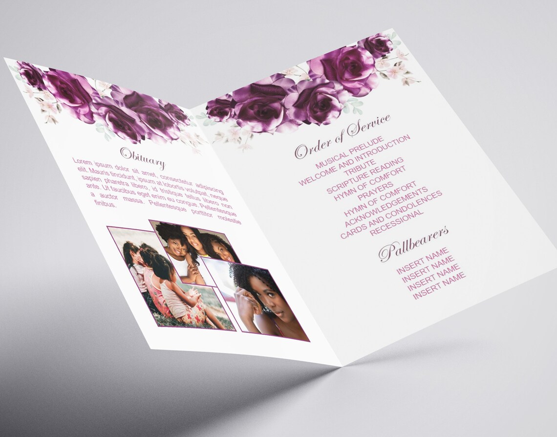 4 Page Purple Flowers Funeral Program Template Celebration of | Etsy