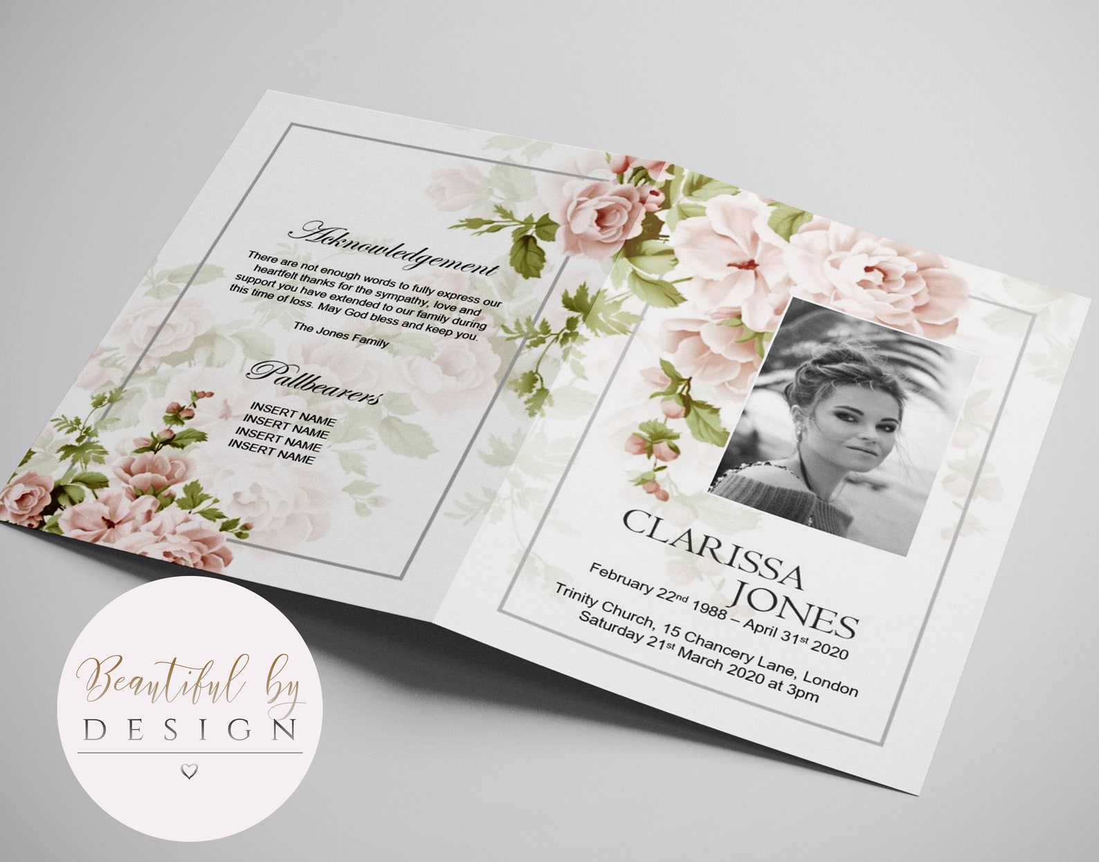 4 Peach Roses Funeral Program Template Celebration of Life | Etsy