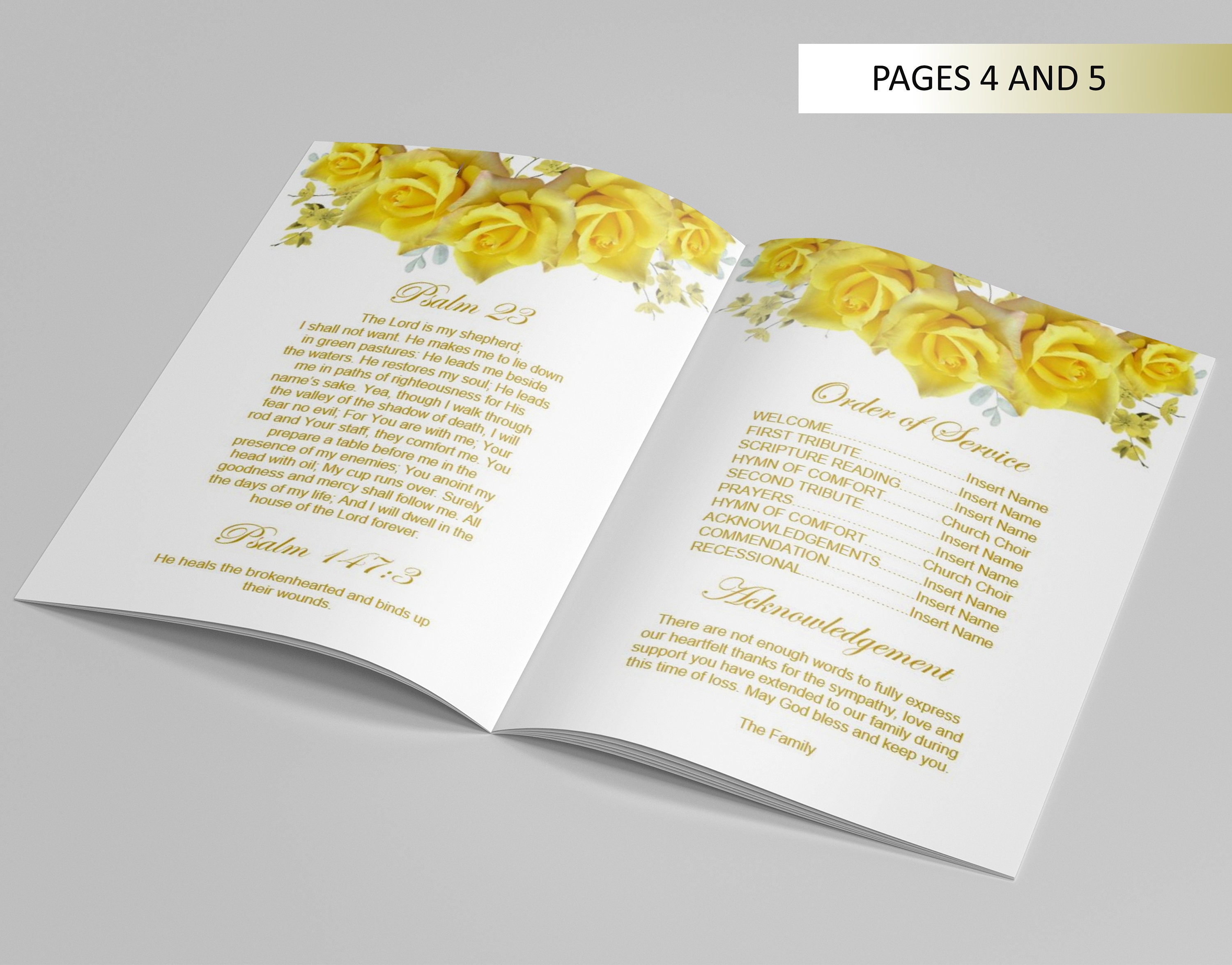 8 Page Yellow Flower Funeral Program Template, Celebration of Life ...