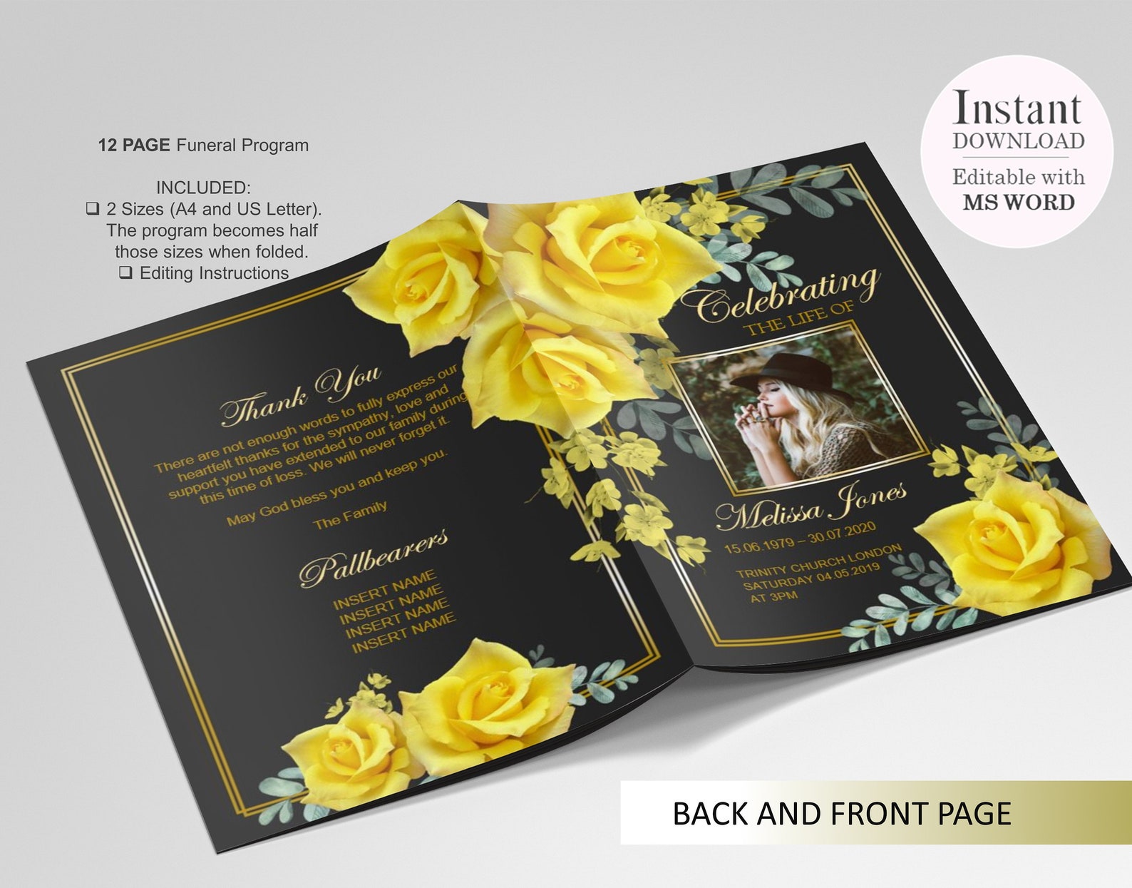 12 Page Yellow Flowers Gold Frame Funeral Program Template - Etsy