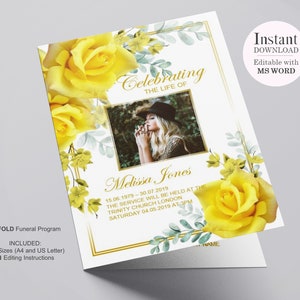 4 Page Yellow Flower Funeral Program Template Celebration of | Etsy