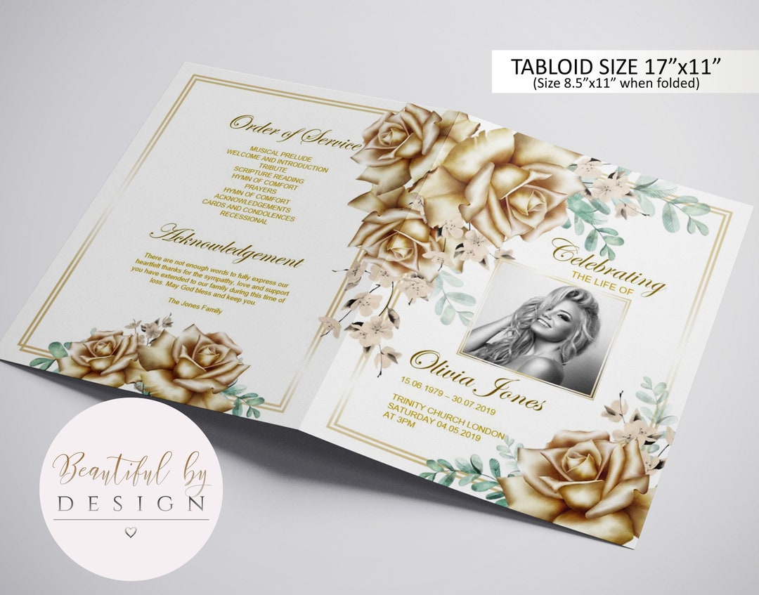 BI-FOLD Gold Funeral Program Template, Celebration of Life, Obituary ...