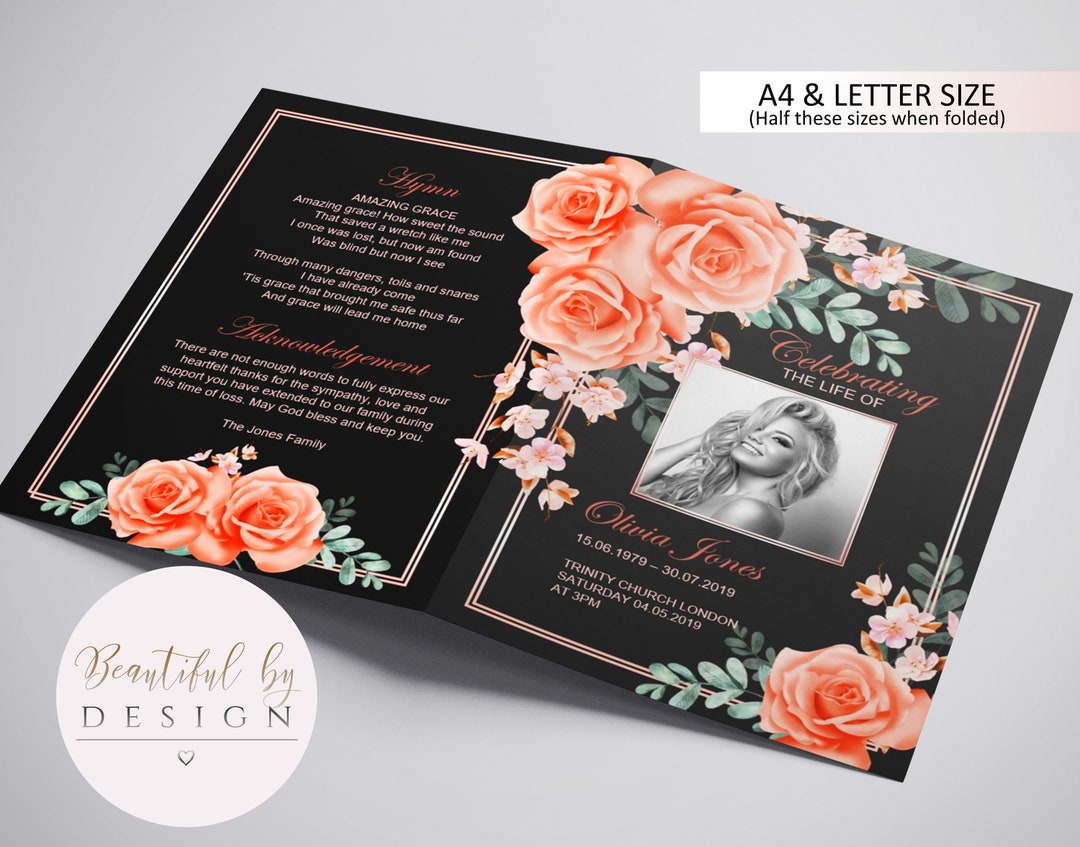 4 Page Peach / Orange Flowers Funeral Program Template, Celebration of ...