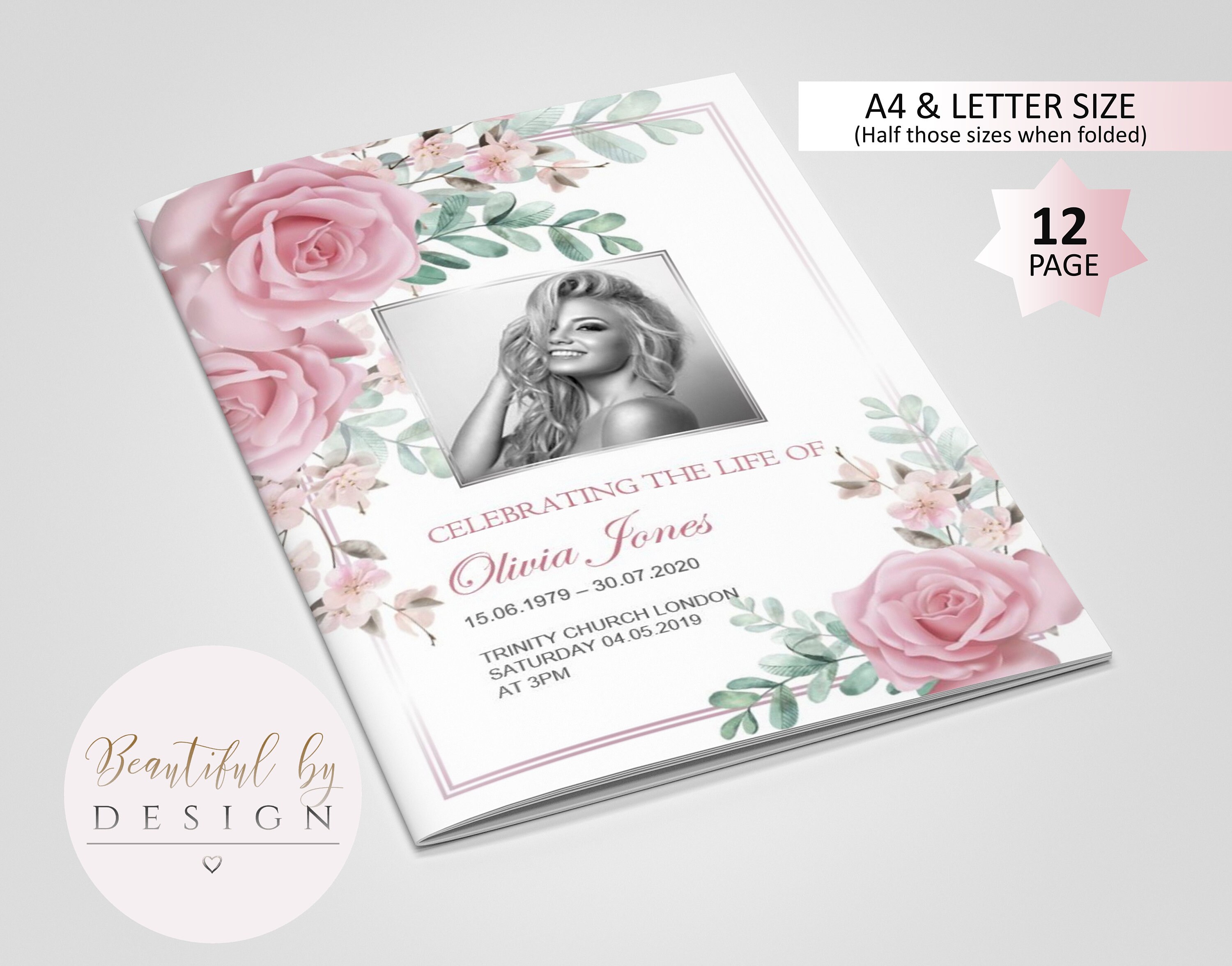 12 Page Pink Flowers Funeral Program Template Celebration of - Etsy ...