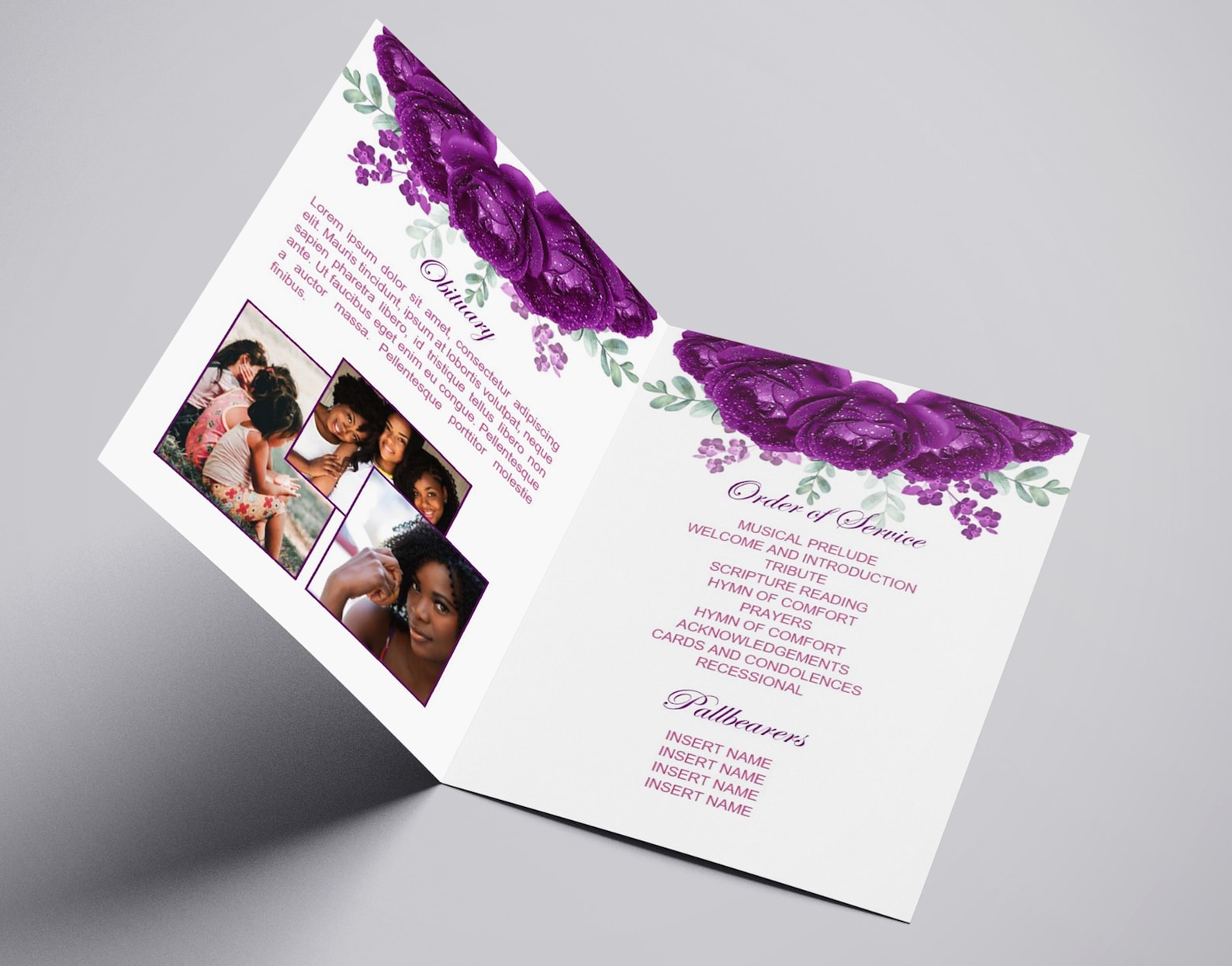 4 Page Purple Roses Funeral Program Template Celebration of - Etsy