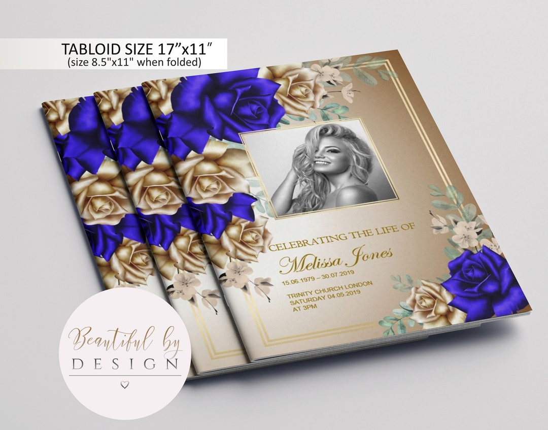 8 Page Gold and Royal Blue Roses Funeral Program Template in Tabloid ...