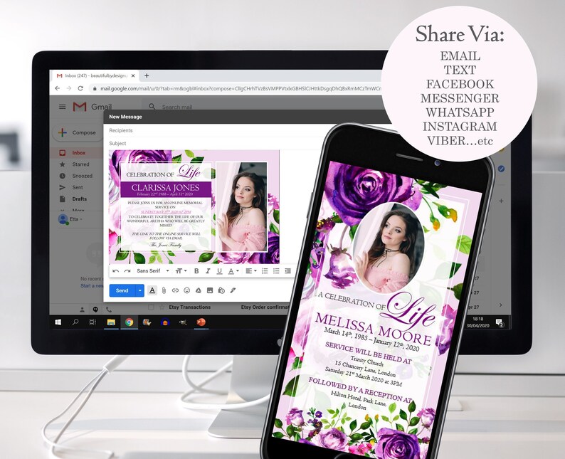 Purple Flowers Electronic Funeral Invitation Card, Smartphone Funeral ...