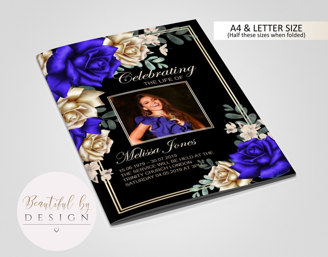 8 Page Royal Blue and Gold Flowers Background Funeral Program Template ...