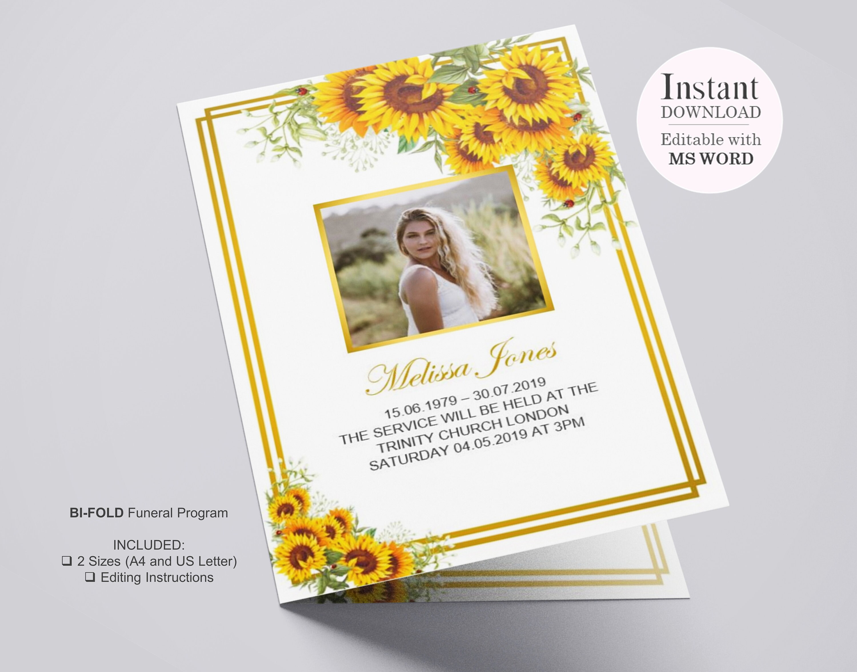 Gold Sunflower Funeral Program Template for Women Celebration | Etsy