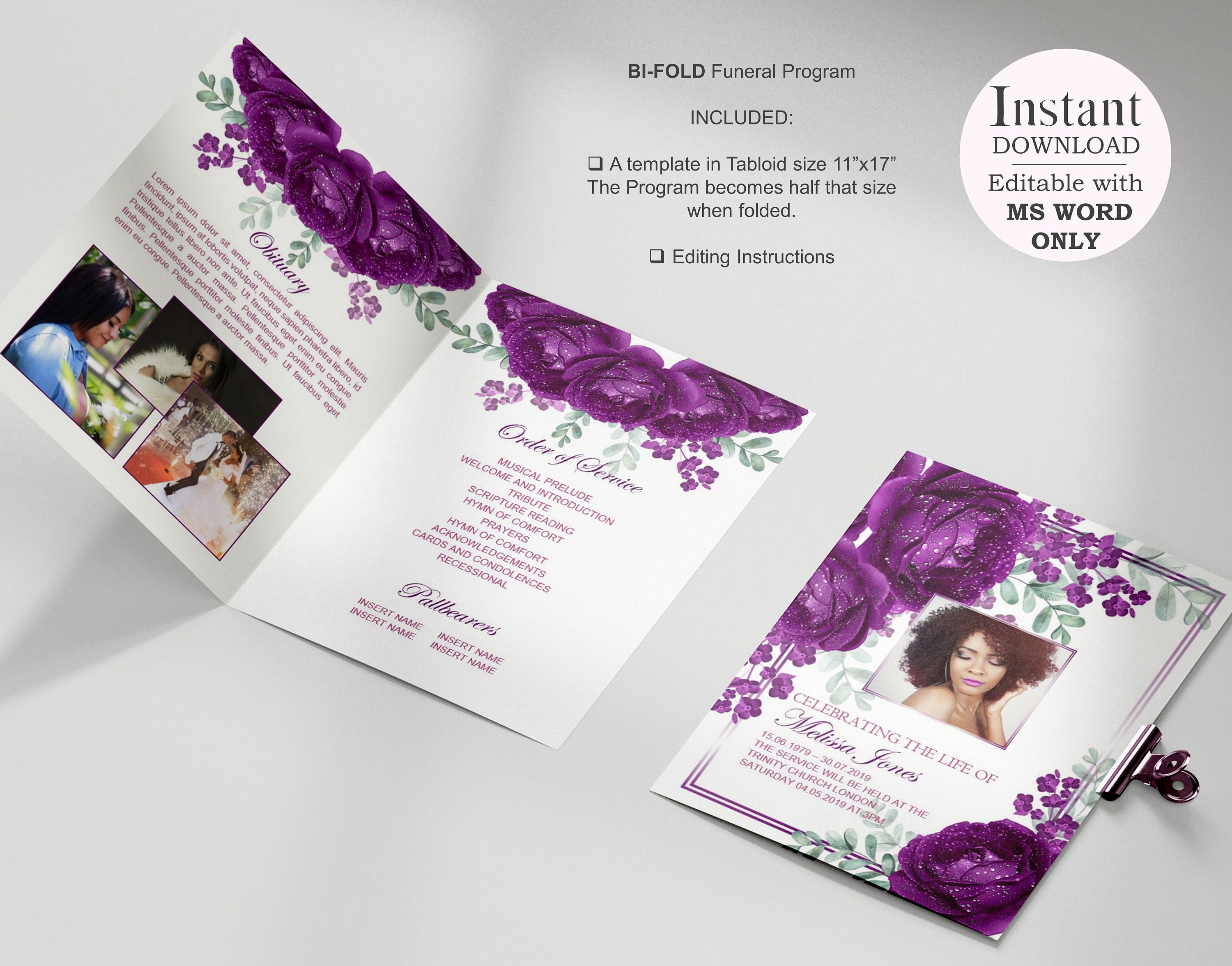 BI-FOLD Purple Roses Funeral Program Template, Celebration of Life ...