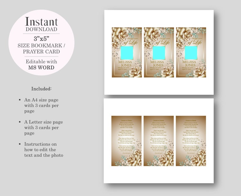 Gold Funeral Prayer Card/bookmark With Photo in Loving - Etsy