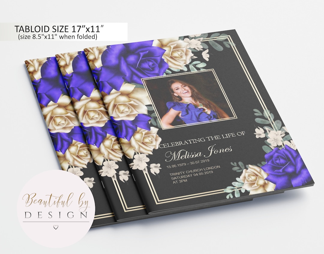 8 Page Royal Blue and Gold Flowers Background Funeral Program Template ...