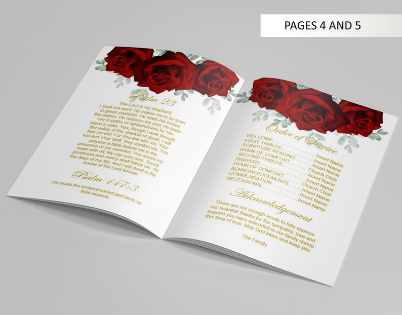 8 Page Red Roses Funeral Program Template, Celebration of Life ...