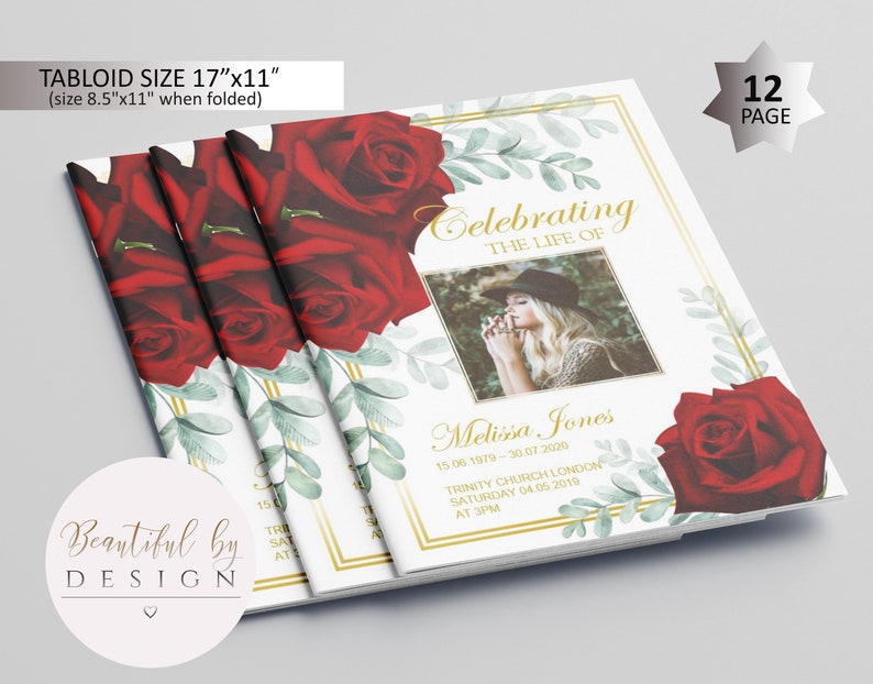 12 Page Red Gold Funeral Program Template Celebration of - Etsy