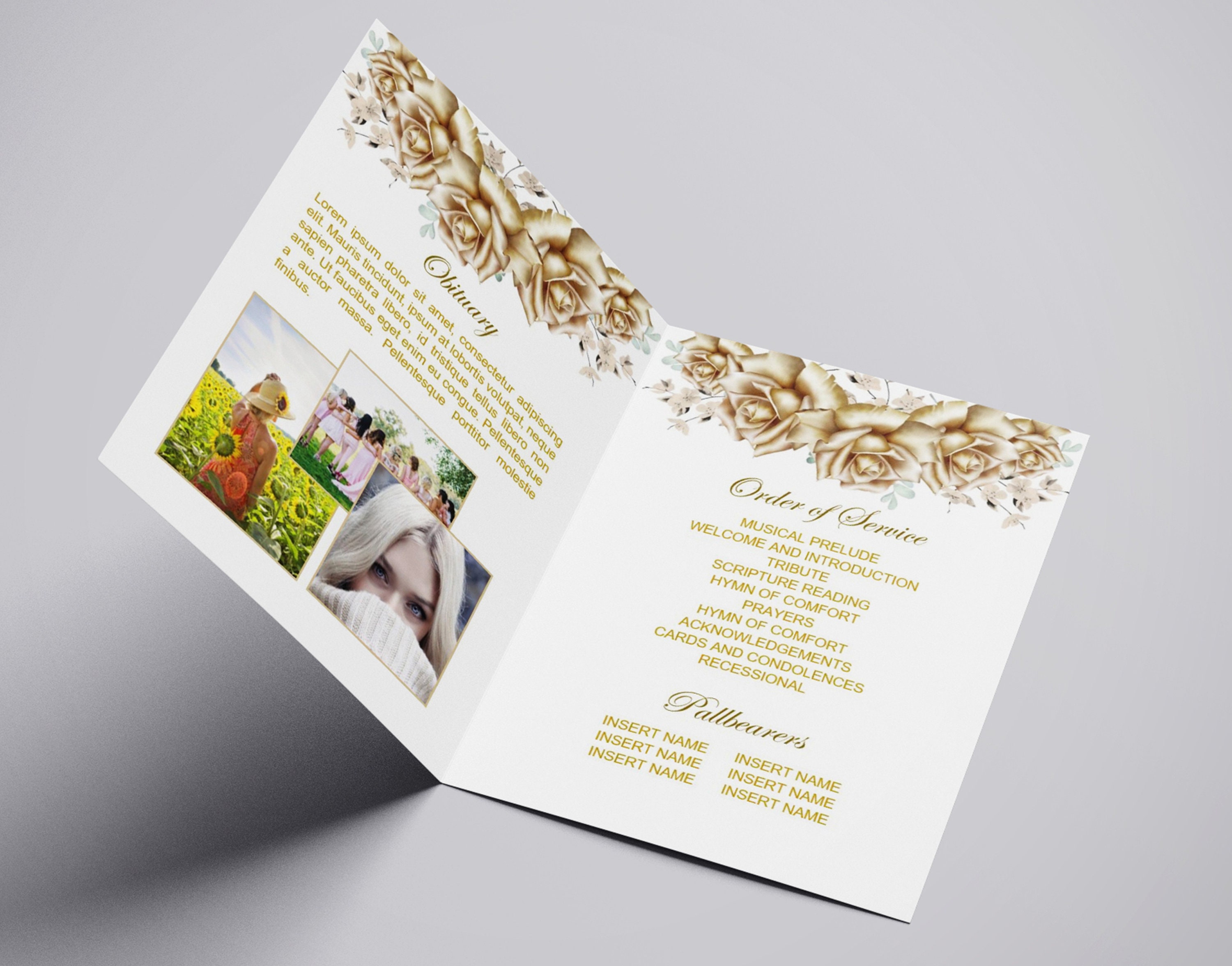 4 Page Gold Flowers Funeral Program Template Celebration of - Etsy