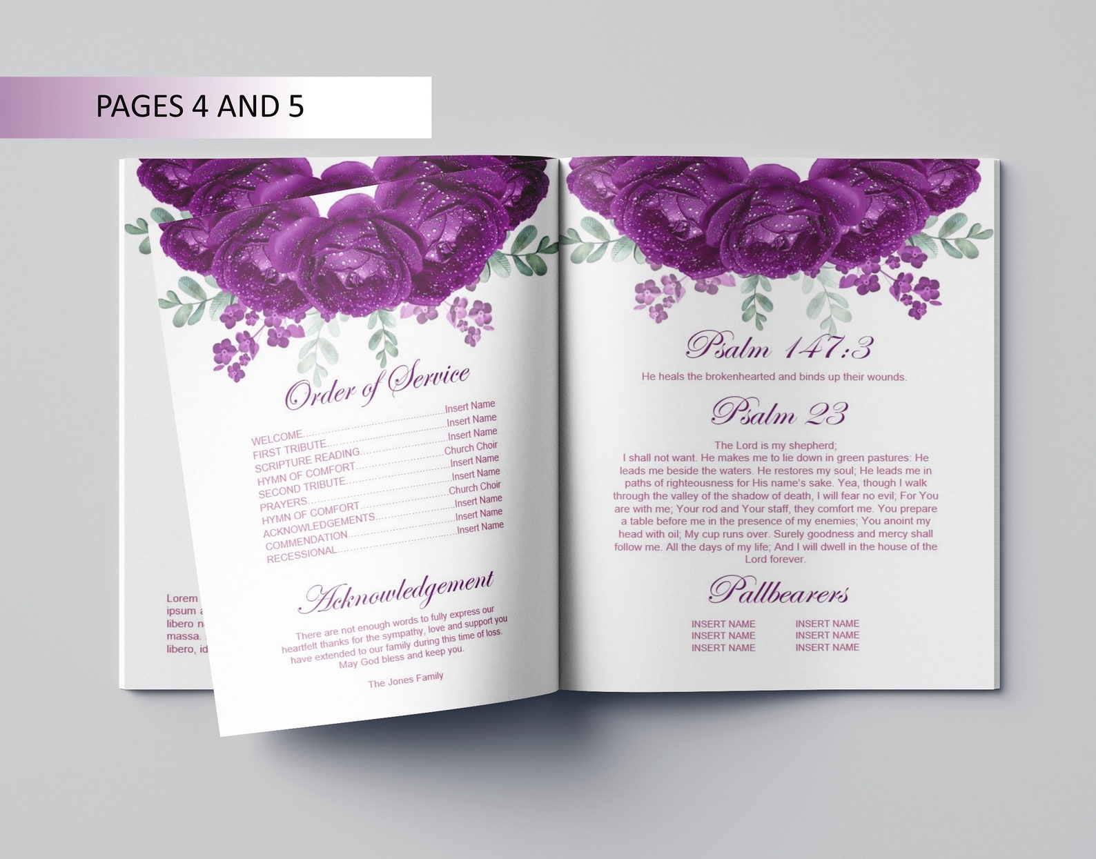 8 Page Purple Roses Funeral Program Template in Tabloid Size - Etsy UK