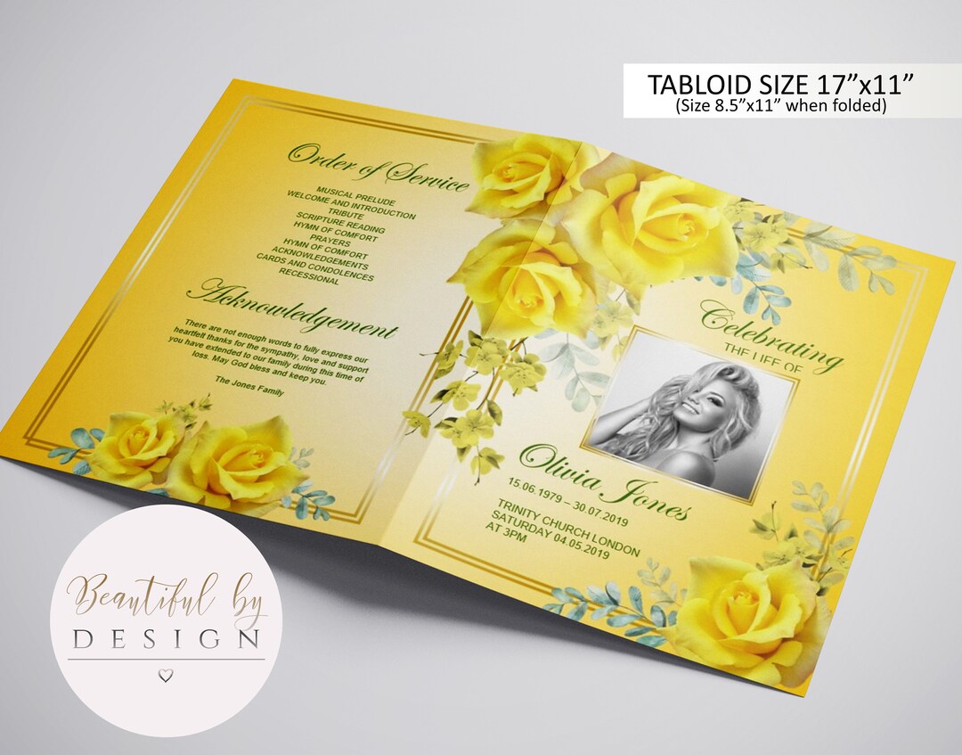 BI-FOLD Yellow Flower Funeral Program Template, Celebration of Life ...