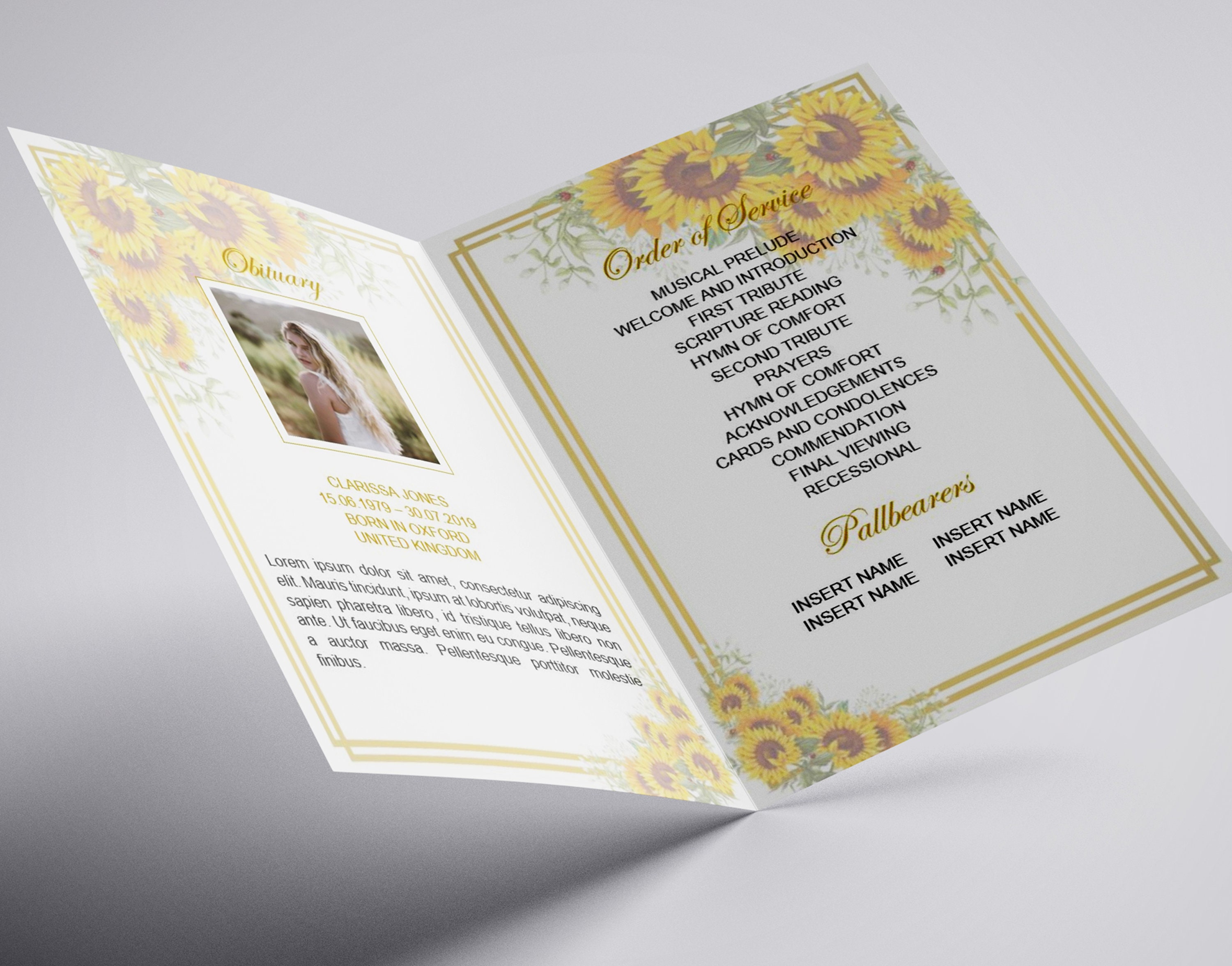Gold Sunflower Funeral Program Template for Women Celebration | Etsy