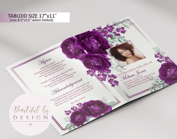 BI-FOLD Purple Roses Funeral Program Template Celebration of | Etsy