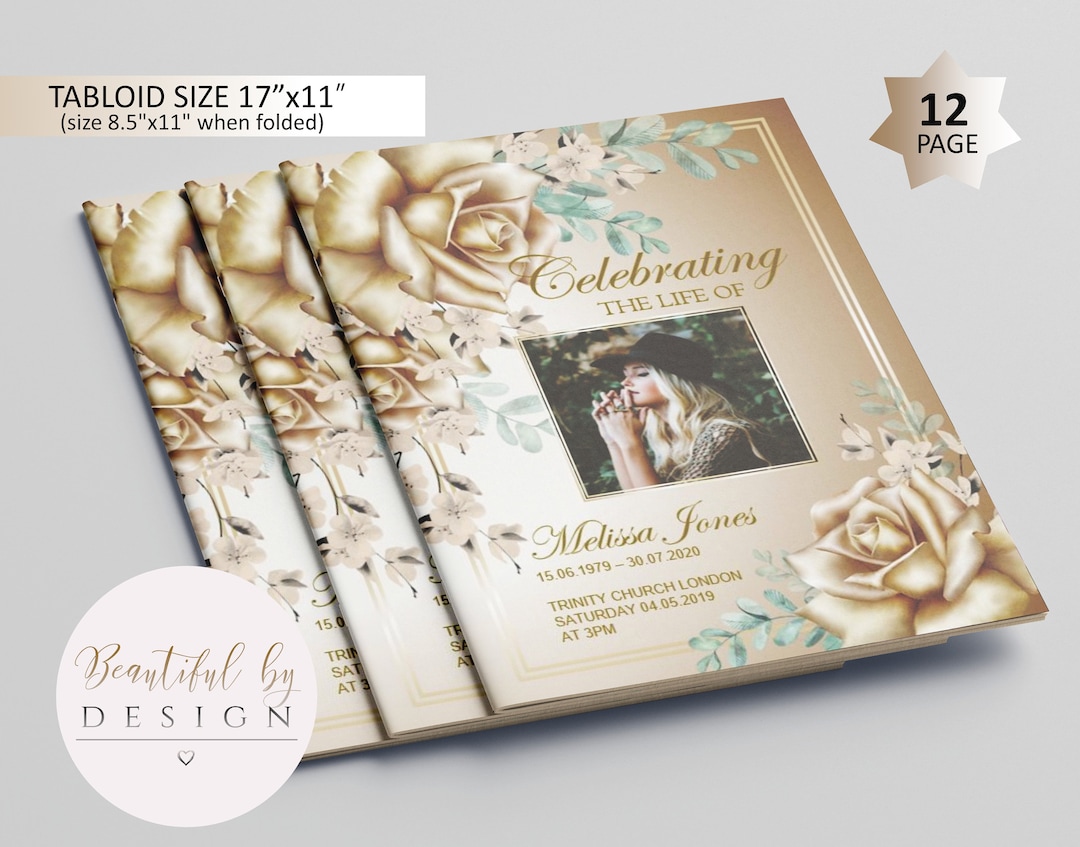 12 Page Gold Funeral Program Template, Celebration of Life, Obituary ...