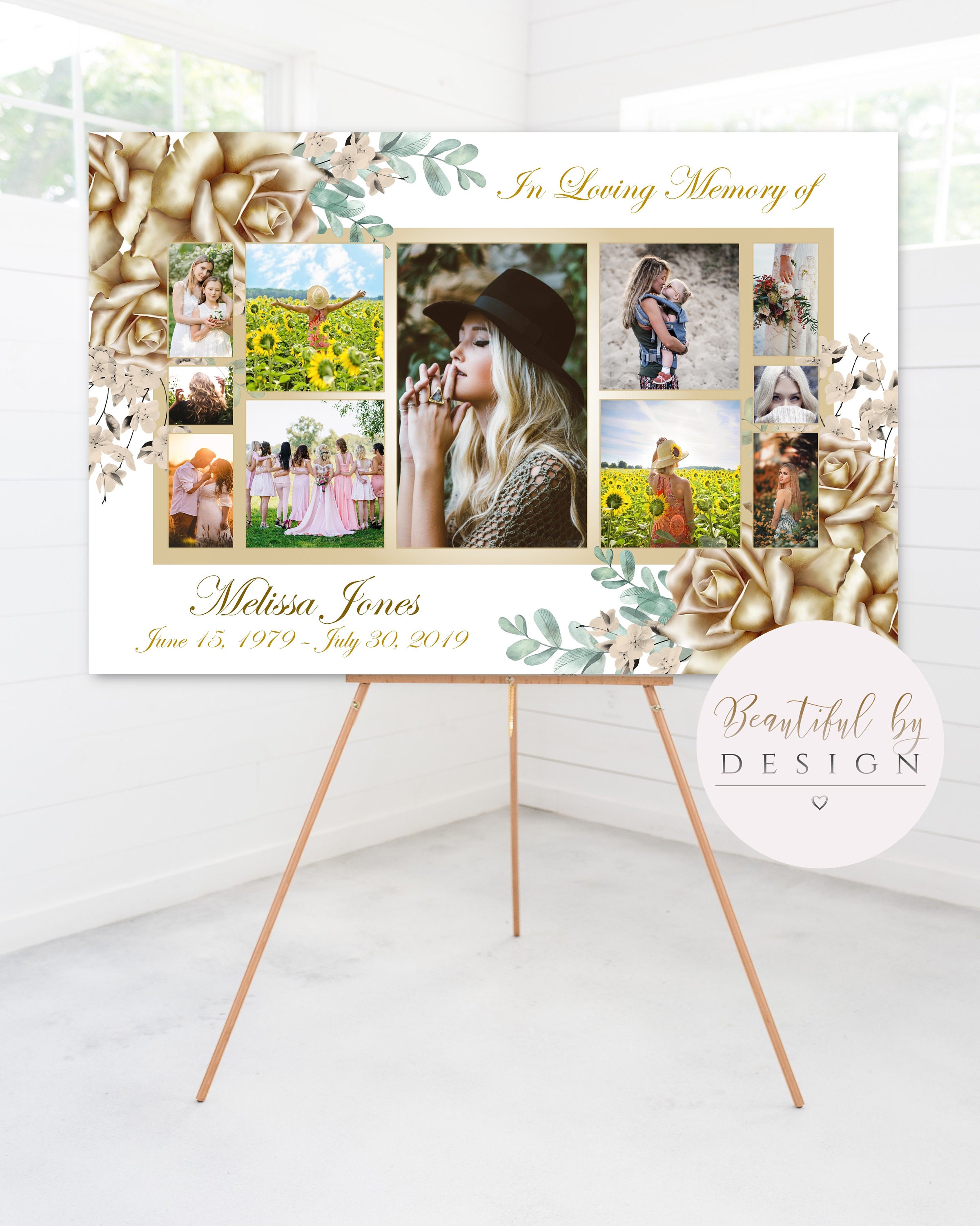 Gold Roses Memorial Photo Collage Template, Large Memorial Sign ...